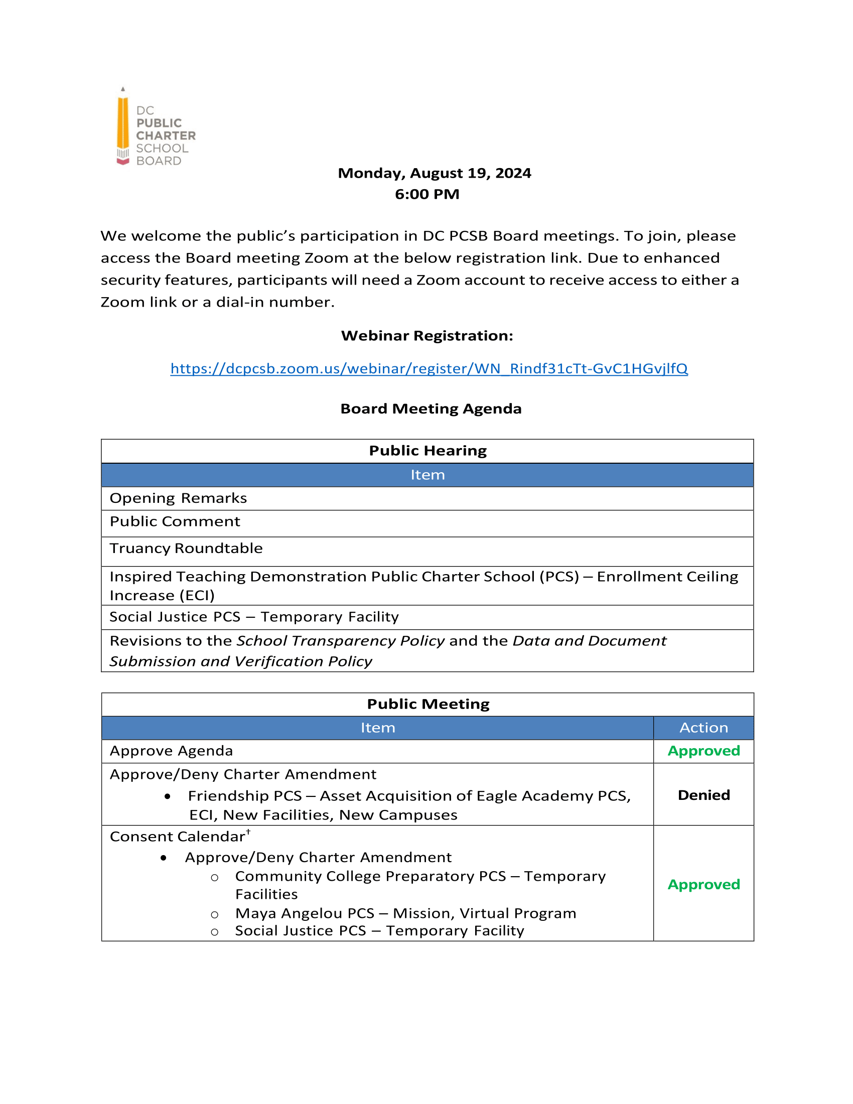 Board Meeting - August 2024 | DC PCSB